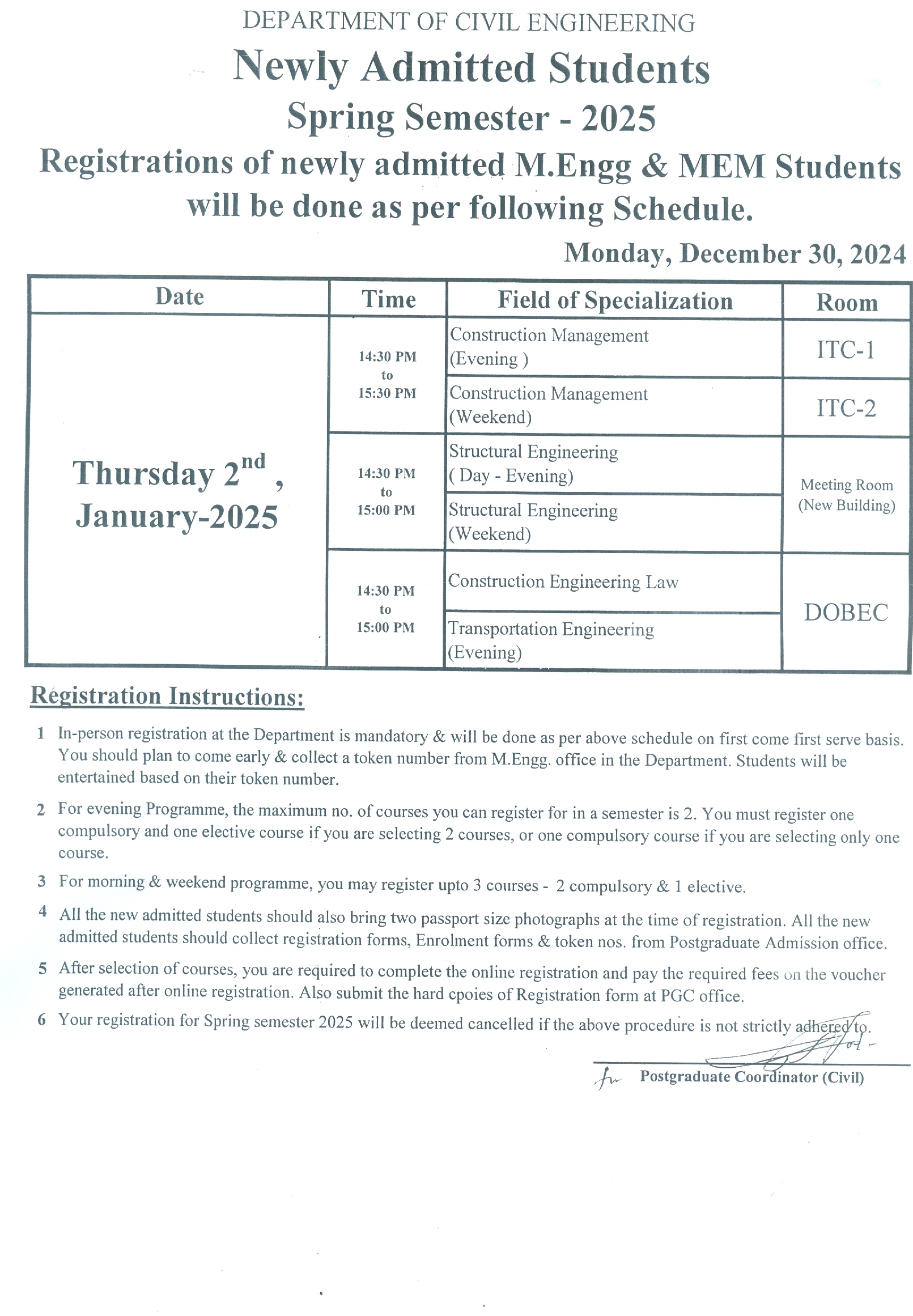 Masters Registration 2025 for New Batches | Department of Civil ...